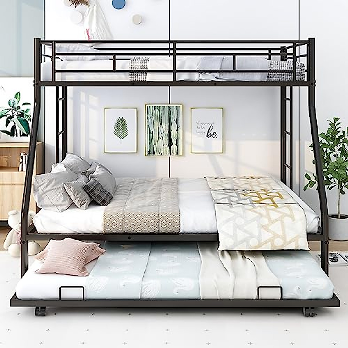 Merax Twin Over Full Triple Bunk Bed with Trundle:Triple Bunk Beds, Sturdy Steel Bunk Beds Frame for 3 Kids/Teens with Two Side Ladders and Safety Guard Rail,Black