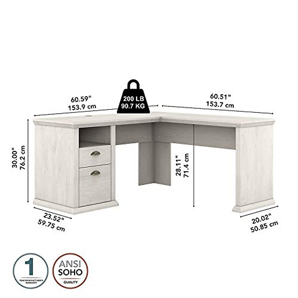 Bush Furniture Yorktown L Shaped Desk with Storage, 60W, White Oak