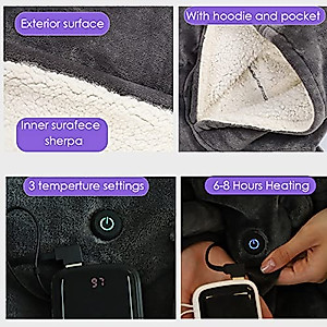 Battery Heated Wearable Blanket Hoodie for Women and Men, Cordless Sherpa Heated Blanket Wrap with Battery Pack, Warm and Cozy Heated Snuggie Shawl for Home and Office