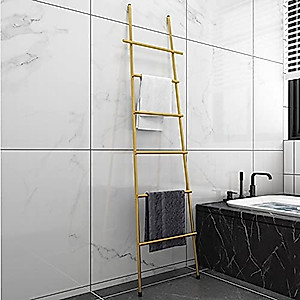 6-Tier Wall-Leaning Ladder Towel Racks with Suction Cup,Quilts Rack Towel Drying and Display Rack,Metal Blanket Rack Multipurpose Organizer Rack for Bathroom Laundry Room,Gold