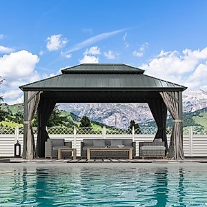 Domi 12’ X 16’ Hardtop Gazebo Canopy with Netting & Curtains, Outdoor Aluminum Gazebo with Galvanized Steel Double Roof for Patio Lawn and Garden, Gray