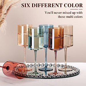 Colored Wine Glasses Set 6-14oz Multi Colored Square Wine Glasses with Tall Long Stems, Hand Blown Crystal Colorful Wine Glasses, Unique Wine Glasses for Christmas Thanksgiving