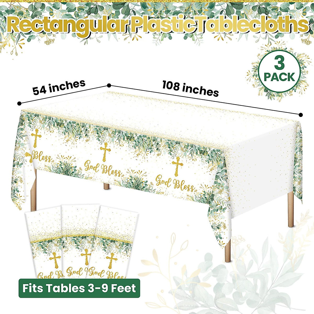 3Pcs God Bless Baptism Tablecloth First Communion Holy Tablecloth Decorations Mi Bautizo Christening Table Cover Disposable Tablecloths for Boys Girls Newborn Baby Shower Party Supplies 54 x 108 inch