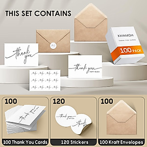 100 PACK Thank You Cards Bulk with Kraft Envelopes and Matching Stickers, 4x6 Inch Blank Greeting Cards Suitable for Small Business, Baby Shower Wedding, Graduation, Bridal Shower, Funeral, Engagement