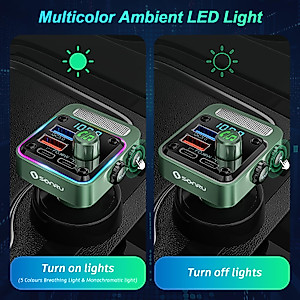 Bluetooth 5.3 FM Transmitter Car Adapter - SONRU Car Charger 54W [PD 36W & QC3.0 18W], Wireless FM Radio Transmitter [HiFi Treble & Bass Player], 5 Colors LED Backlit, Hands-Free Calling, U-Disk