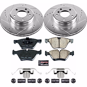 Power Stop K6032 Front Z23 Carbon Fiber Brake Pads with Drilled & Slotted Brake Rotors Kit and 1 Front Sensor Wire