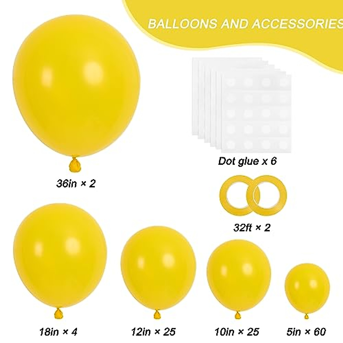RUBFAC 116pcs Yellow Balloons Different Sizes Pack of 36 18 12 10 5 Inch for Garland Arch Extra Large Balloons for Birthday Graduation Wedding Party Decoration
