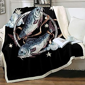 Sleepwish Zodiac Sign Throw Blanket Vintage Pisces Fish on Black Soft Warm Sherpa Blankets Bed Throws Watercolor Fleece Plush Fuzzy Blanket King(108"x90")