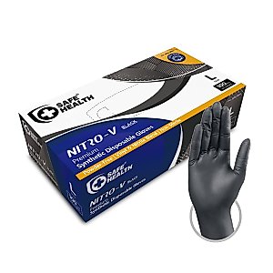 Safe Health NITRO-V Nitrile-Vinyl Synthetic Black Disposable Gloves, Latex Free, Powder Free, Box of 100, Large, Tattoo, Salon, Hair Studio, Food, Service, Housework