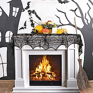 3AB Halloween Fireplace Decoration, Black Lace Spiderweb Fireplace Mantle Scarf, 18 x 96 inch Cobweb Fireplace Scarf for Halloween Party Decorations