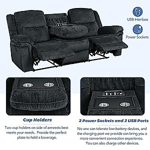 YUNLife&Home Manual Wall Hugger Chair with Cup Holder,2 USB Ports&Power Sockets,Double Reclining Sectional Sofa 3-Seat Couch for Living Room Apartment Office RV Theater Furniture Set, Dark Blue 83.8"w