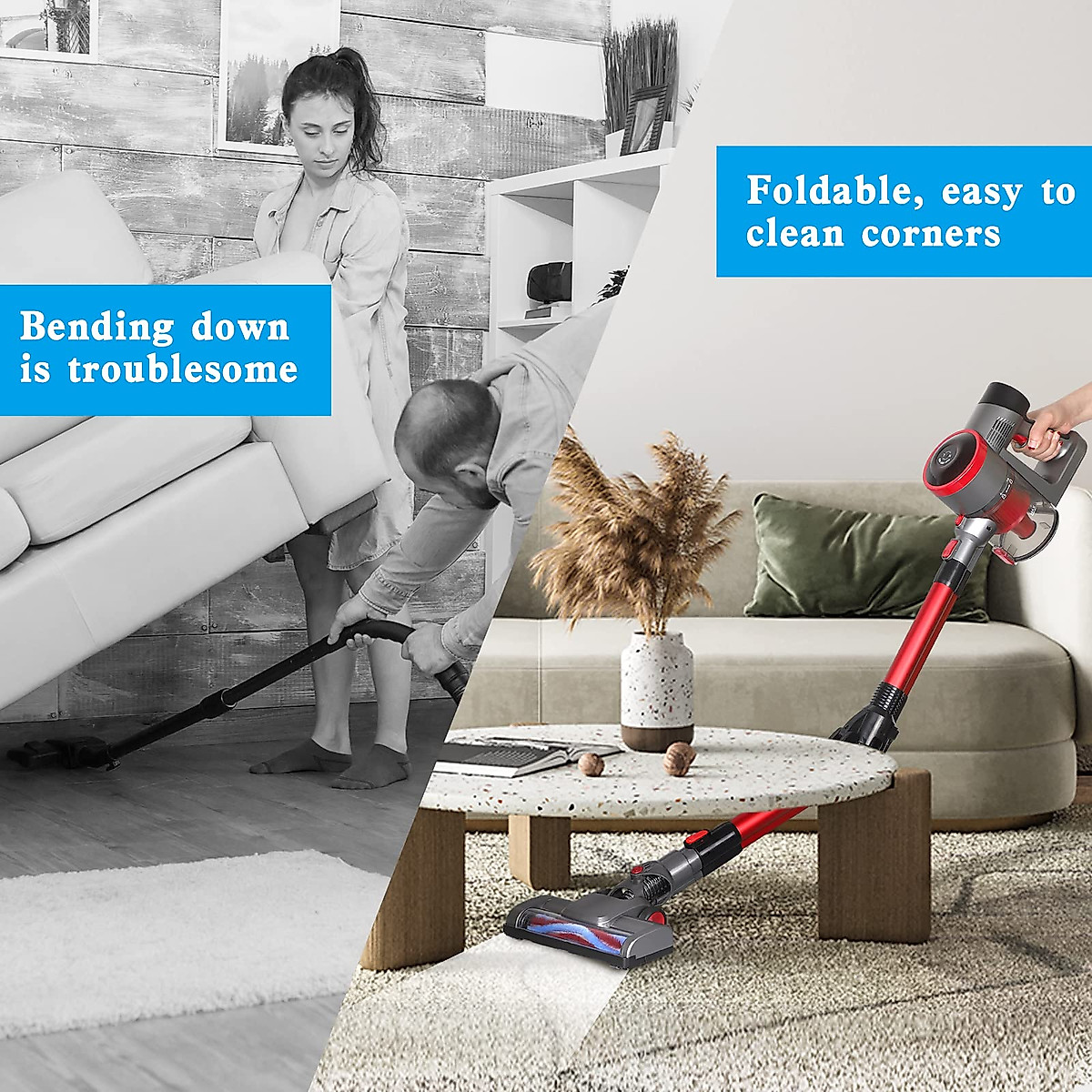 Intercleaner Cordless Vacuum Cleaner Stick, 20KPa Powerful Suction Brushless Motor, 4 in 1 30min Runtime Detachable Battery, Ultra Quiet, Lightweight Handheld for Hardwood Floor Carpet Car Pet Hair