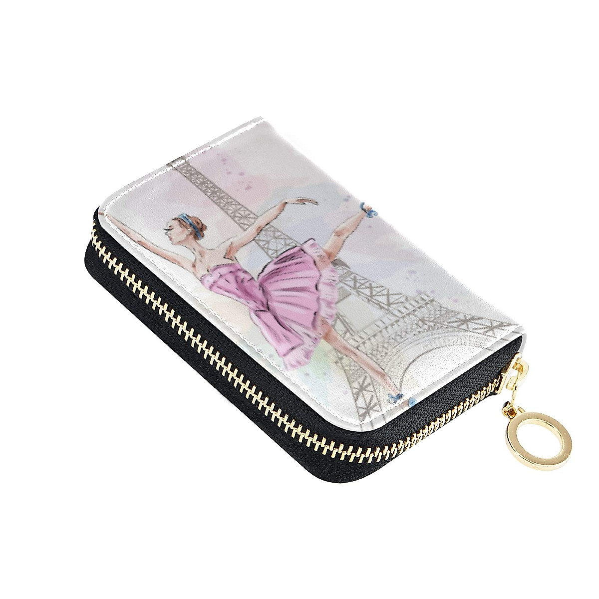 susiyo Paris Eiffel Tower Ballerina Dancing Girl Credit Card Wallet, RFID Blocking Compact Women Leather Card Holder Zipper Purse
