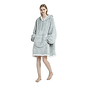 softan Blanket Hoodie, Oversized Sherpa Fleece Wearable Blanket for Women & Men, Super Warm and Cozy Plush Flannel Hooded Blanket, Sweatshirt Gift with Giant Pocket, One Size Fits All, Grey