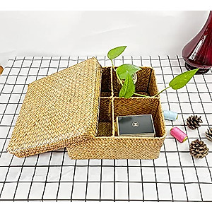 Rectangular Woven Seagrass Storage Basket and Home Organizer Bins,Natural Water Hyacinth Basket (brown, square with lid)