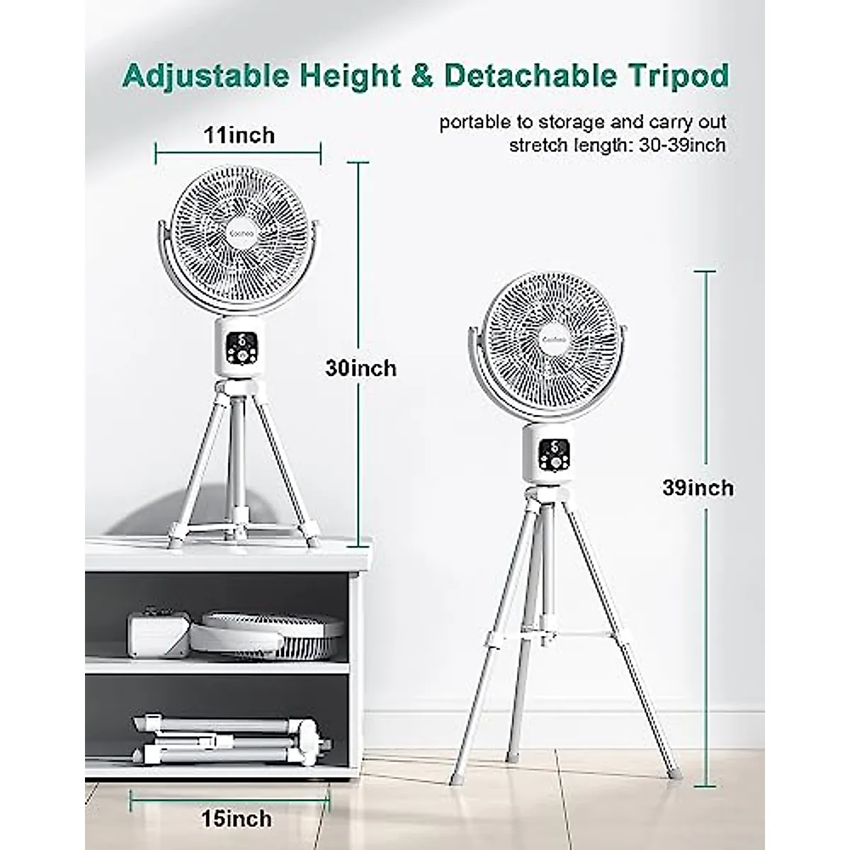 Coohea Oscillating Fan 11" Standing Fan with Detachable Tripod 12000mAh Rechargeable Battery Floor Fan Quiet White Pedestal Fan with Remote for Indoor Outdoor Home Bedroom, Adjustable Height & 6-Speed