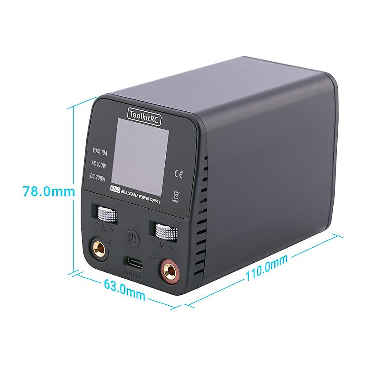NEW ToolkitRC P200 V2 Mini 30V Supply AC100W DC200W 10A GaN Adjustable Mini Desktop Power Supply USB Output 4.0mm banana female port with TypeC 65W Output fast charging