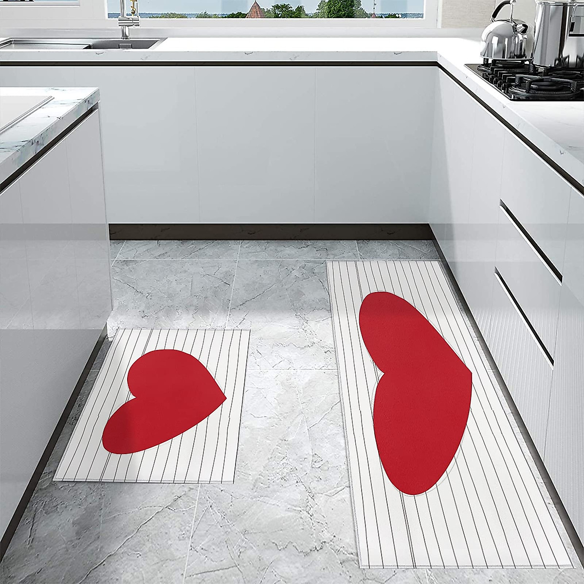 Teamery Kitchen Mats for Floor, Red Heart Kitchen Rugs, Kitchen Organization 2pcs Kitchen Mat, Kitchen Decor Runner Rug, Anti-Fatigue Mats for Kitchen Floor, Kitchen Gadgets