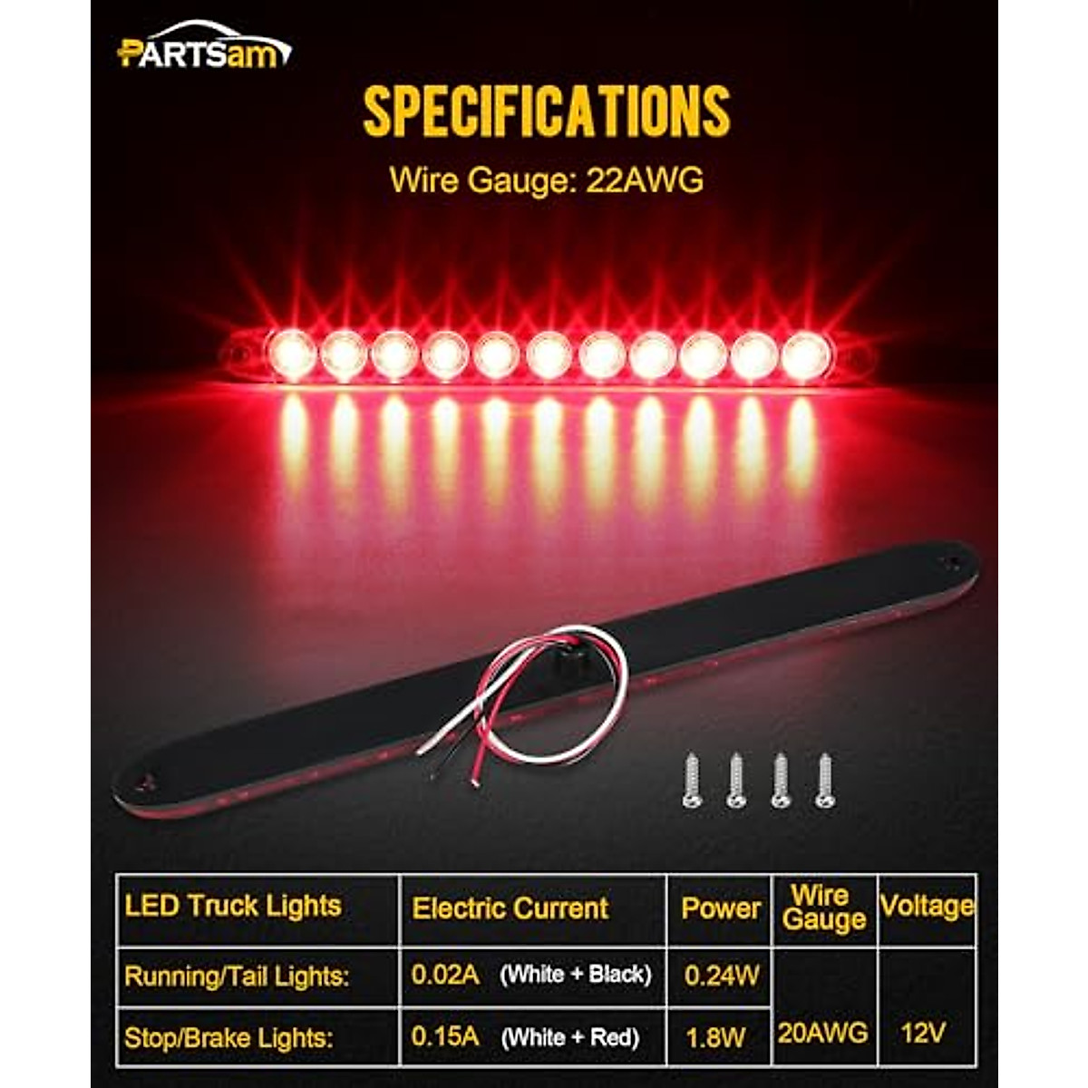 Partsam 1PC Red 15" 11 LED Light Bar Stop Turn Tail 3rd Brake Light Truck Trailer Identification ID Bar Waterproof DOT Compliant