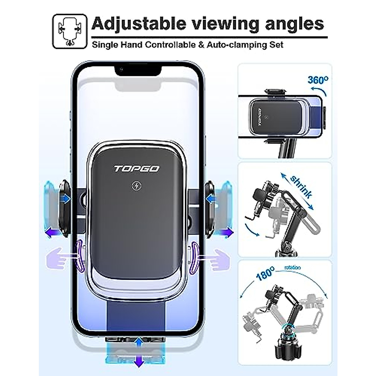 [Upgraded] TOPGO Cup Holder Phone Mount Wireless Charger,Universal Cell Phone Holder Car Charger Wireless-Charger-Cup-Phone-Holder Fast Charging for iPhone11/11 Pro/11 Pro Max, Samsung Galaxy Black