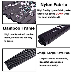 Amajiji Rave Hand Folding Fans - 13 Inch Large Bamboo Handhelp Folding Fan for Women and Men, Hand Fan - Festival Rave Accessories for Decorations Party Dance Performance Gift (Flower)