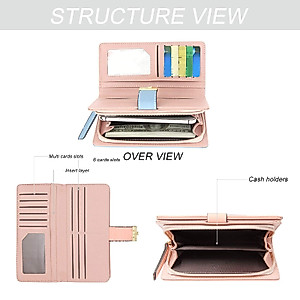 Women’s Long Zipper Fold Wallet with Leave Form Pendant Multifunctional Card Holder Clutch Purse with Snap Fastener(blue)