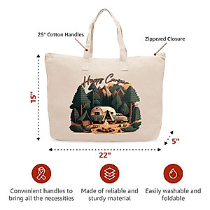 Happy Camper Cotton Canvas Bag - Nature Shopping Bag - Forest Tote Bag - Black