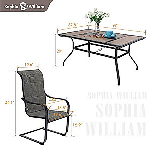 Sophia & William Patio Dining Set Patio Furniture set Patio Dining Table Wood Like 60" for 6 with Patio Dining C Spring Motion Chair Quick Dry Textilene Support 350lbs for Outdoor Lawn Garden Backyard