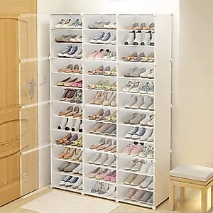BJTDLLX Shoe Rack Organizer, 3 x 12-Tiers Stackable 72 Pairs DIY Shoe Storage Cabinets Stand, Dust-proof Shoe Rack Shelf Clear Plastic Shoe Boxes Foldable Shoe Storage Rack for Heels Boots Slippers