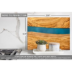 Handcrafted Italian Olive Wood Cheese & Charcuterie Board Set with Unique Blue Resin Artwork - Cutting Board Comes with 4 Cheese Knives, 2 Dipping Bowls & Corkscrew Wine Opener (Blue)