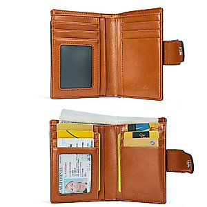 BOSTANTEN Women Leather Wallet RFID Blocking Small Bifold Zipper Pocket Wallet Card Case Purses with ID Window Brown