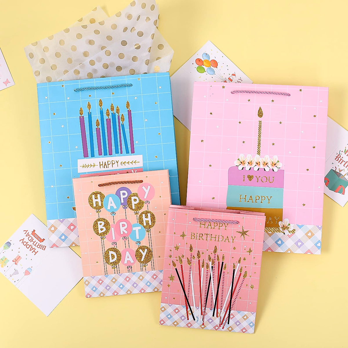 GonLei Birthday Gift Bag Assorted Sizes Happy Birthday Gift Bags for Kids Birthday Wrapping Paper Bags with Tissue Paper Card Handles for Girls Boys（4Bags 2Size: Medium 9” Large 12.6”）