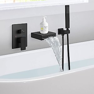 Cinwiny Matte Black Wall Mount Waterfall Tub Spout with Handheld Shower Single Handle Tub Filler Bathtub Shower Faucet Set with Sprayer Rough-in Valve Brass