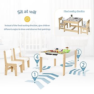 Curipeer 4 in 1 Kids Table and Chair Set, Table and Chairs for Toddlers 2-5 with 2 Reversible Blackboard, Children's Table with Storage for Activity/Play/Art/Read/Craft, White and Natural Color
