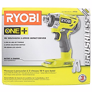 Ryobi P238 18V One+ Brushless 1/4 2,000 Inch Pound, 3,100 RPM Cordless Impact Driver w/ Gripzone Overmold, Belt Clip, and Tri-Beam LED (Power Tool Only, Battery Not Included)