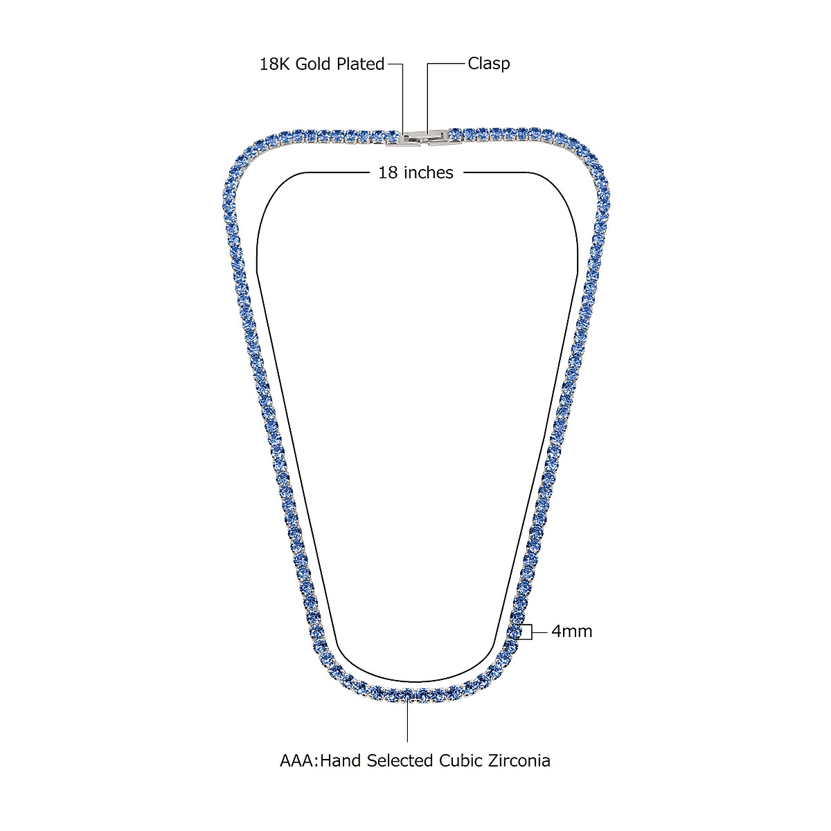 Savlano 18K White Gold Plated Blue Cubic Zirconia Round 4MM Classic Tennis 18 Inches Chain Necklace For Women Comes With a Gift Box