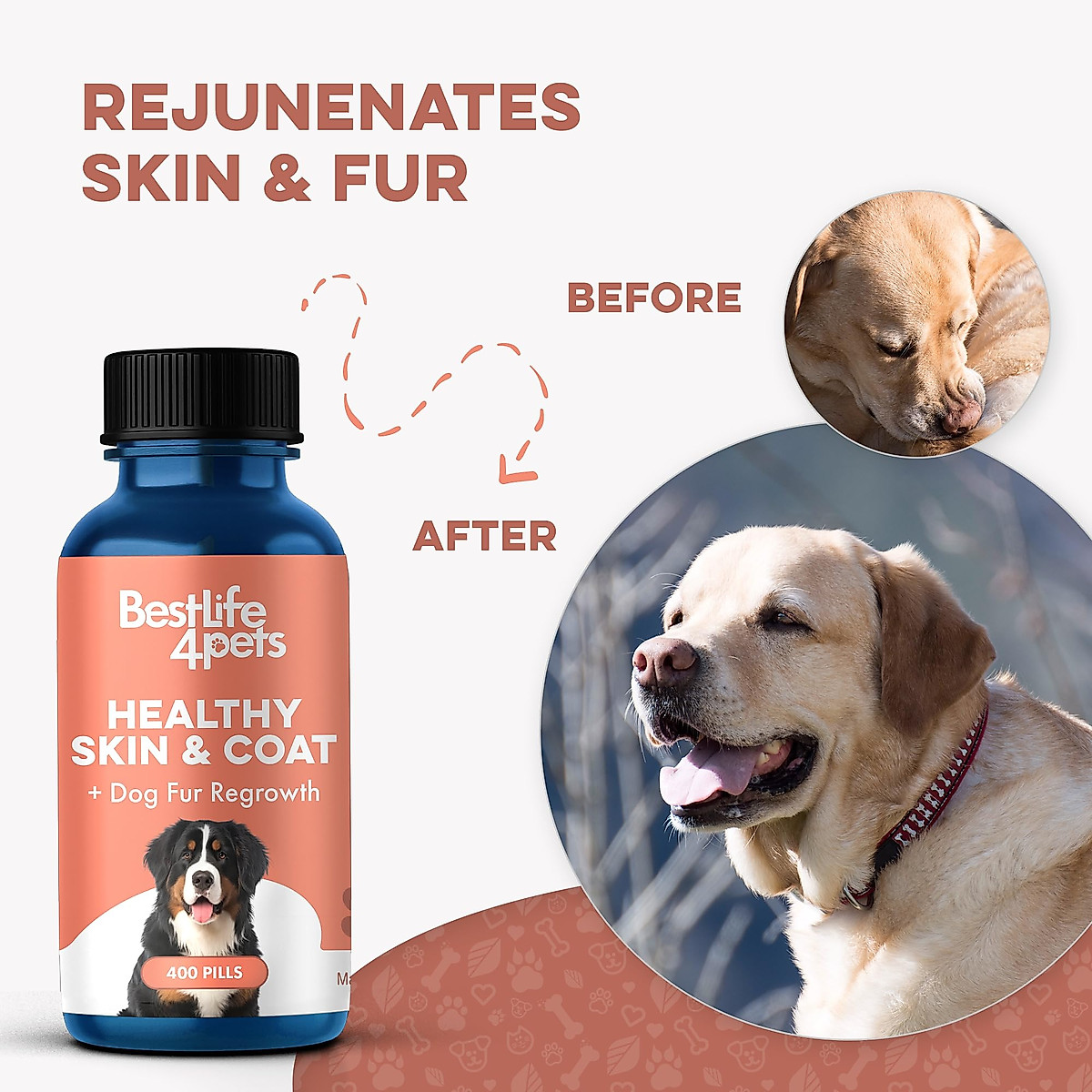 Natural Skin & Coat Supplement for Dogs, Large and Small - Dog Anti Itch Relief for Dry Skin, Rash, Allergy or Irritation - Reduces Shedding, Dandruff and Supports Dog Hair Growth - 400 Small Pills