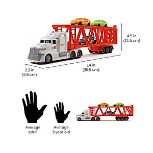 Vokodo Toy Semi Truck Trailer 3 Car Carrier 14" Friction Powered with Lights and Sounds Kids Push and Go Big Rig Auto Transporter Vehicle Semi-Truck Pretend Play Great Gift for Children Boys Girls