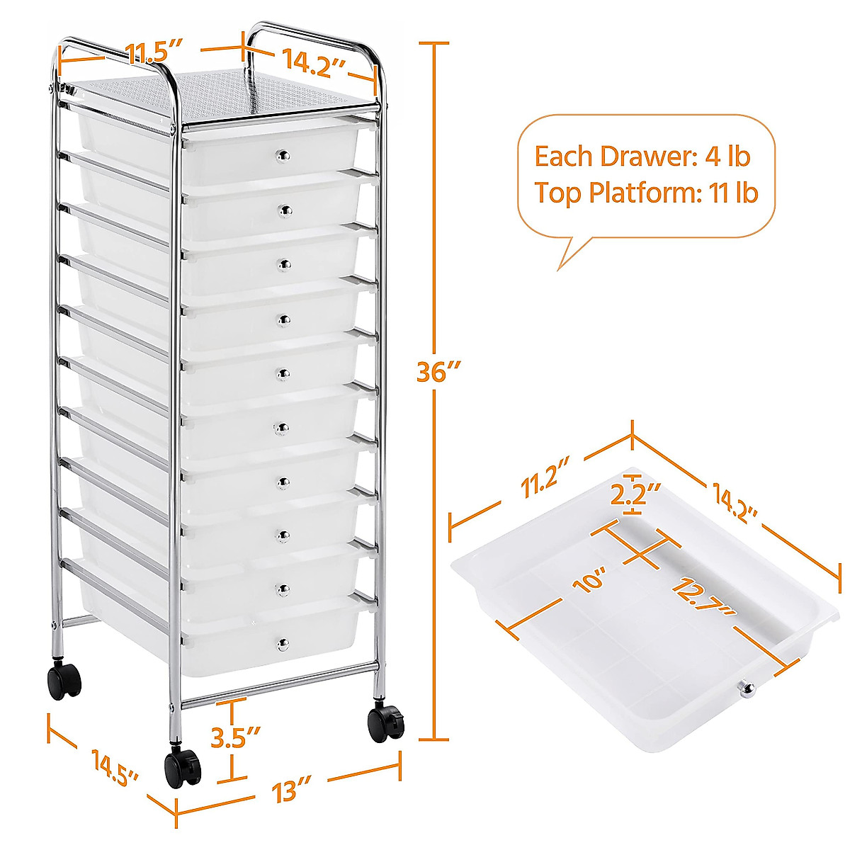 Topeakmart Plastic Trolley with 10 Drawers Rolling Cart Organizer Utility Cart Storage Bin Organizer on Wheels, White