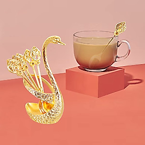 Decorative Gold Swan Base Holder with 6Pcs Coffee Spoon set, Metal Swan Base Holder Spoon Organizer with 6 Spoons, Small Delicate Spoons for Coffee Fruit Dessert Ice Cream Cake
