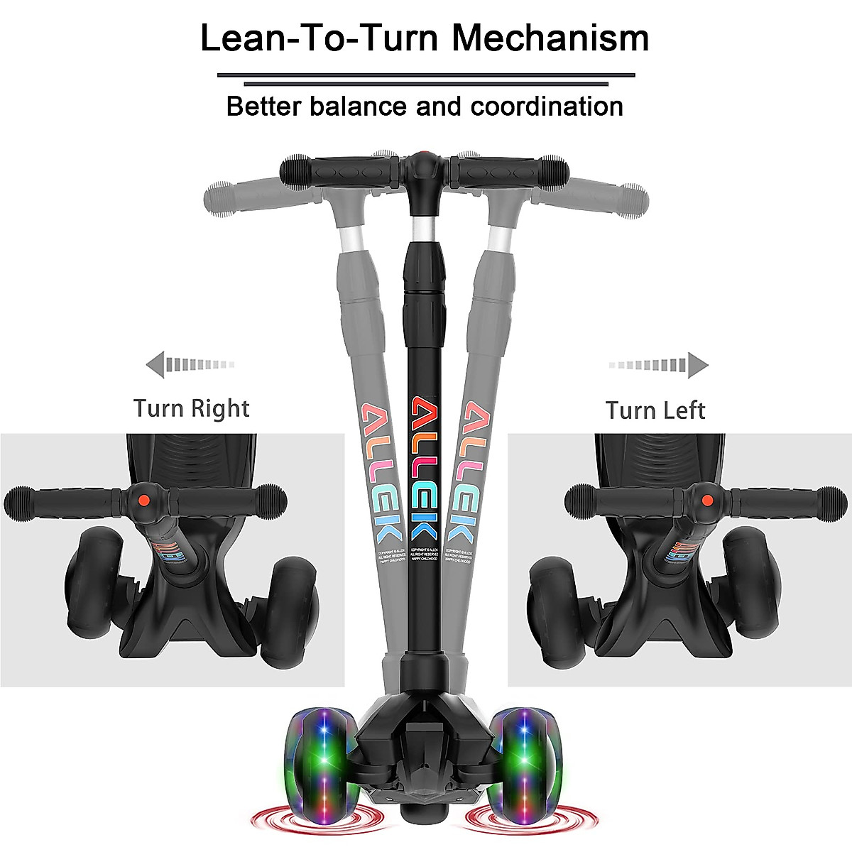 Allek Kick Scooter B03, Lean 'N Glide 3-Wheeled Push Scooter with Extra Wide PU Light-Up Wheels, Any Height Adjustable Handlebar and Strong Thick Deck for Children from 3-12yrs (Black)