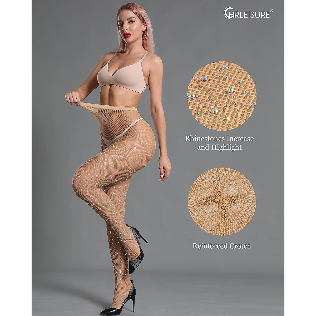 CHRLEISURE Women's Sparkle Rhinestone Fishnets, Sexy Sparkly Glitter Party Concert Outfit Fishnet Stockings (Skin)