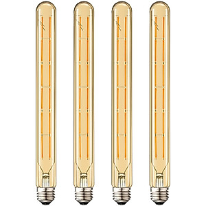 Leools T300 Led Long Bulbs,12W Dimmable Tubular Bulb,100 Watt Equivalent,E26 Edison Style Vintage LED Filament Light Bulb,Amber Glass,2700K Warm White,11.8inch(300mm) Tall T10 Light Bulbs,4-Pack.