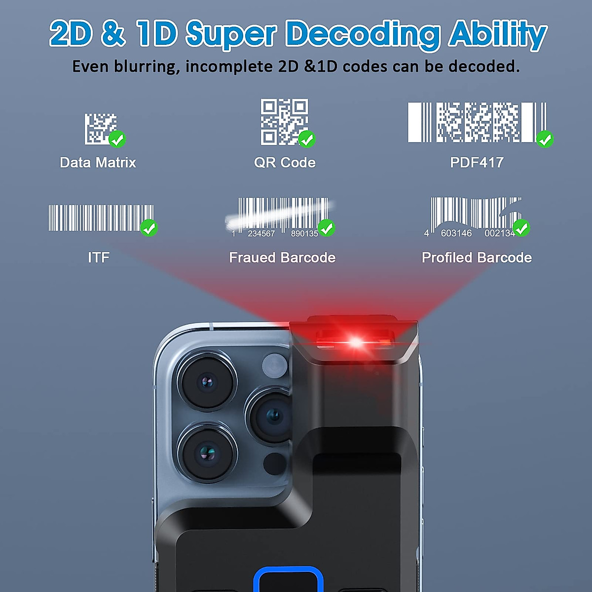 2D QR Bluetooth Barcode Scanner, Wireless Adjustable Back Clip Phone Bar Code Scanner for 1D 2D Data Matrix Code Reader, Work with iPhone, Android, iOS for Warehouse Library Book Inventory