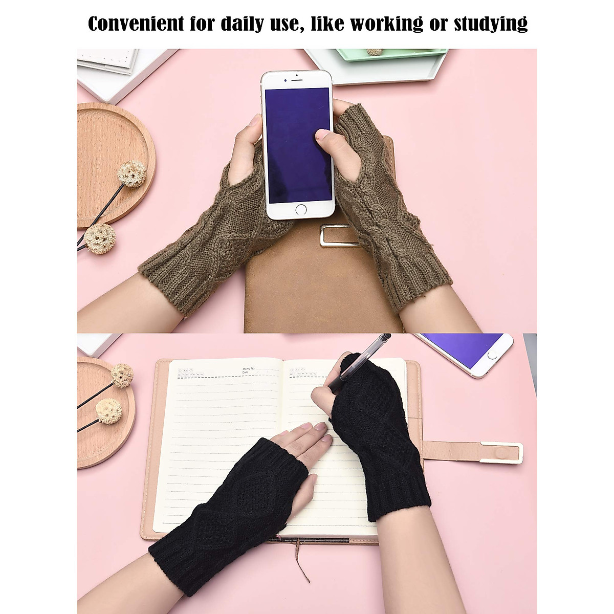 SATINIOR 4 Pairs Women Warm Knit Winter Fingerless Gloves Thumbhole Arm Warmers Mittens (Black, Navy Blue, Khaki, Wine Red)