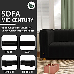 BuLaXong Velvet Couch Modern Tufted Sofa 3-Seater with Metal Ball Legs and Rounded armrest, Suitable for Living Room, Hotel, Office, or Apartment (01-black-51)
