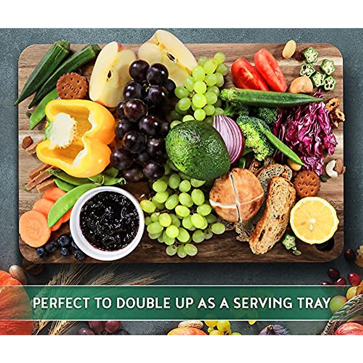 AZRHOM Large Wood Cutting Board for Kitchen 18x12 with Juice Groove Handle Non-slip Mats Hanging Hole for Meat Vegetables Cheese Chopping Board Butcher Block (Acacia)