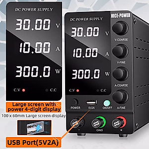NICE-POWER Adjustable DC Power Supply: 30V 10A Variable Switching Regulated High Precision 4-Digits LCD Display 5V/2A USB Port Output & Input Power Cord Bench Lab Power Supplies