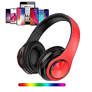 LFGKeng Wireless Bluetooth Headphones with Colorful LED Lights, Built-in Mic, Bluetooth 5.0, Foldable HiFi Stereo Deep Bass Headphones for Classroom/Home Office/PC/Mobile Phone/Kids Adult(Red Black)