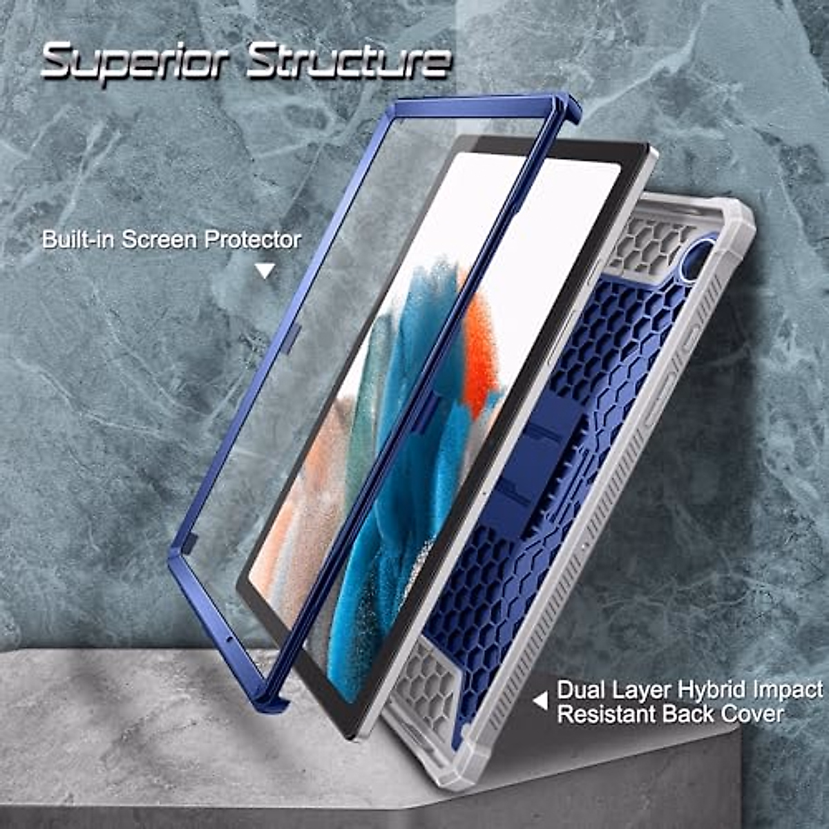 Fintie Shockproof Case for Samsung Galaxy Tab A8 10.5 Inch 2022 Model (SM-X200/X205/X207), Tuatara Rugged Unibody Hybrid Full Protective Bumper Kickstand Cover w/Built-in Screen Protector, Navy